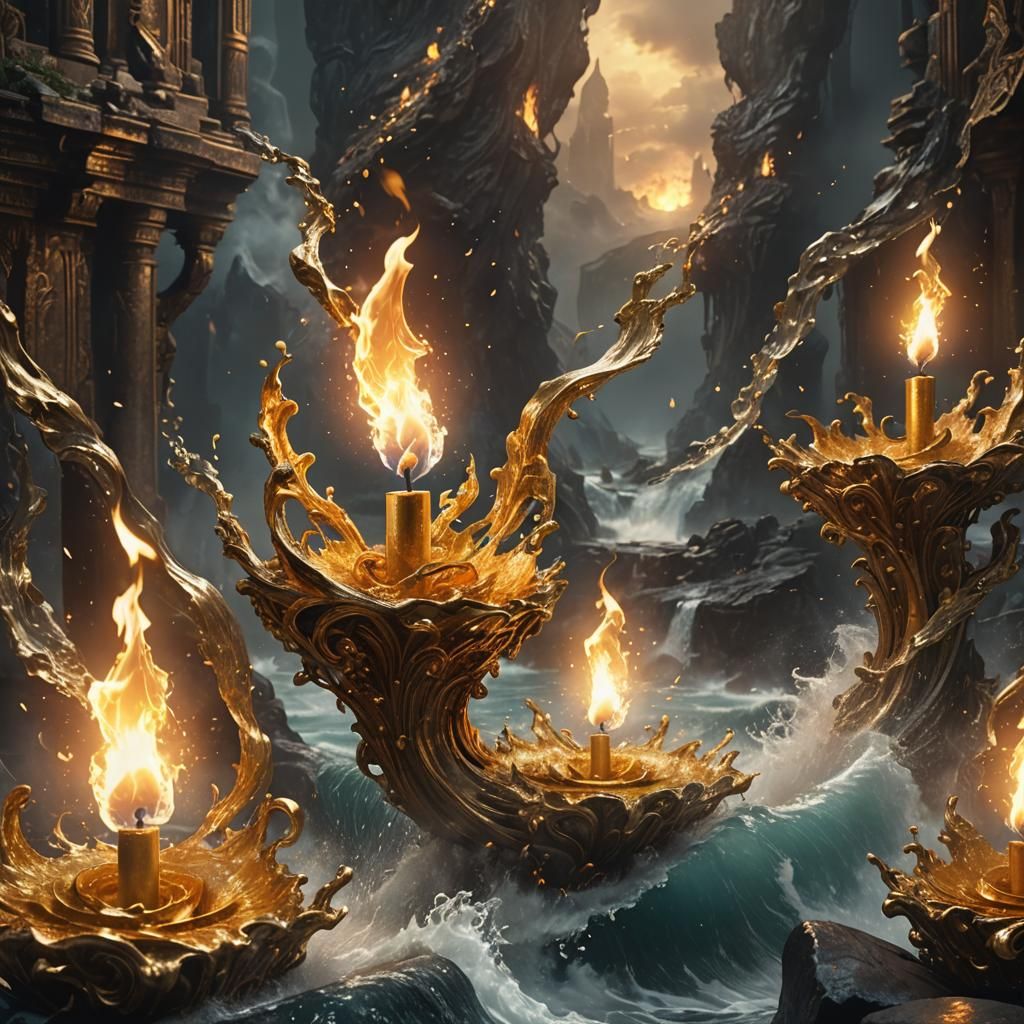 Golden candle fire on earthy metals whirling smoke like crossing the ...