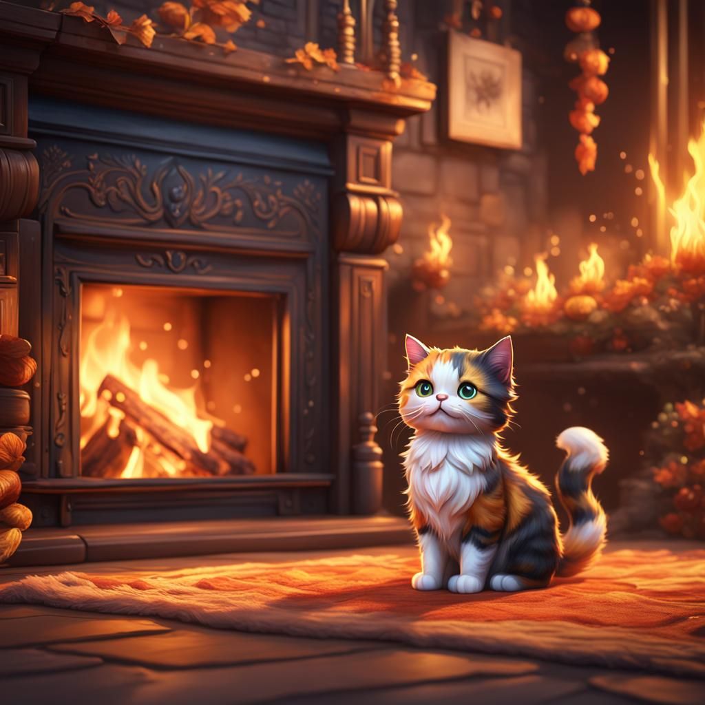 Chibi calico cat in front of a fireplace - AI Generated Artwork ...