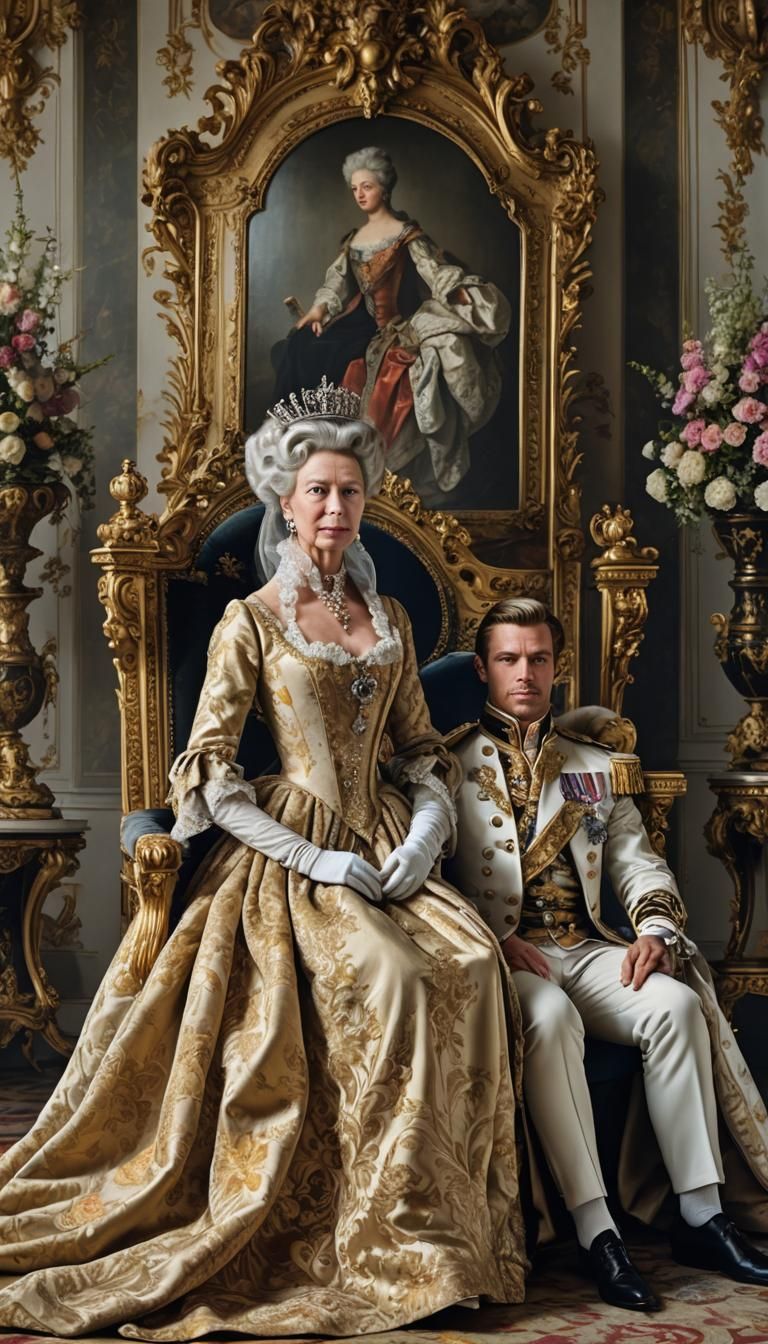 the queen, in a dress from the Rococo era, sits on a throne next to her ...
