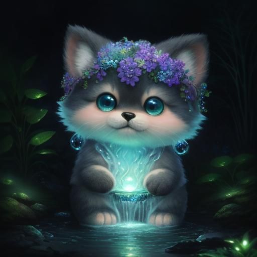 adorable cute chibi baby furry Puppy with a bioluminescent Waterfall in ...