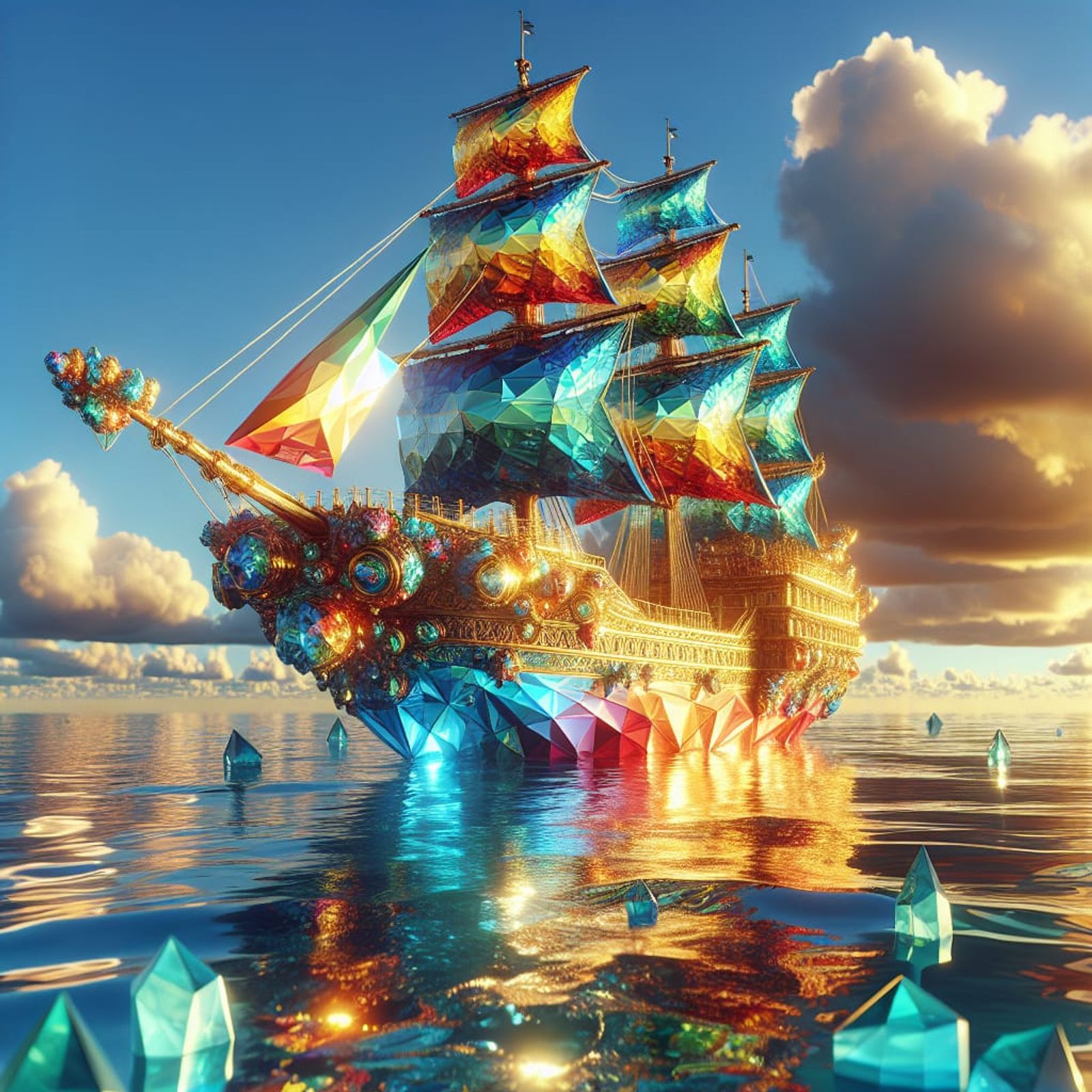 A ship made from multi-colored prismatic mineral crystals on a ...