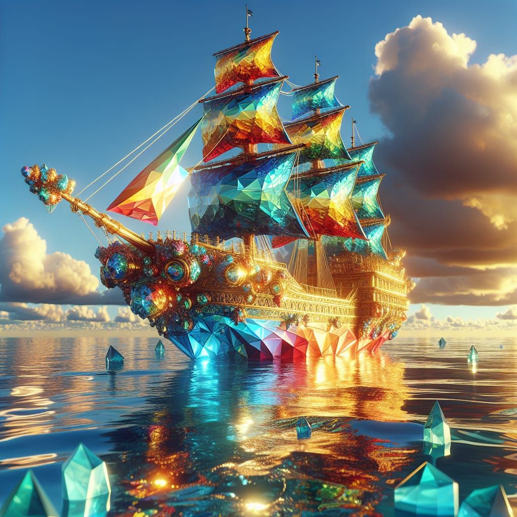 A ship made from multi-colored prismatic mineral crystals on a ...