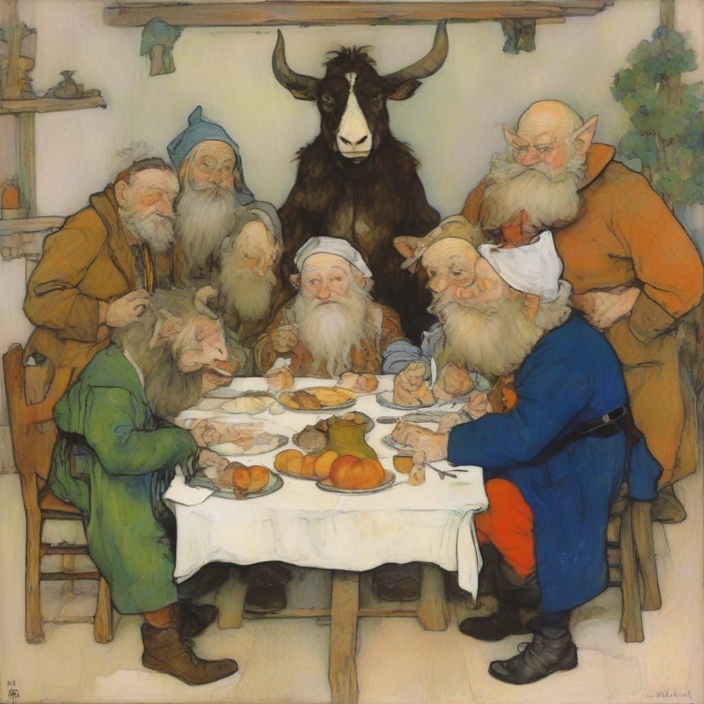 Seven Dwarfs and Goats in a Bold, Expressionist Ar... - AI Art