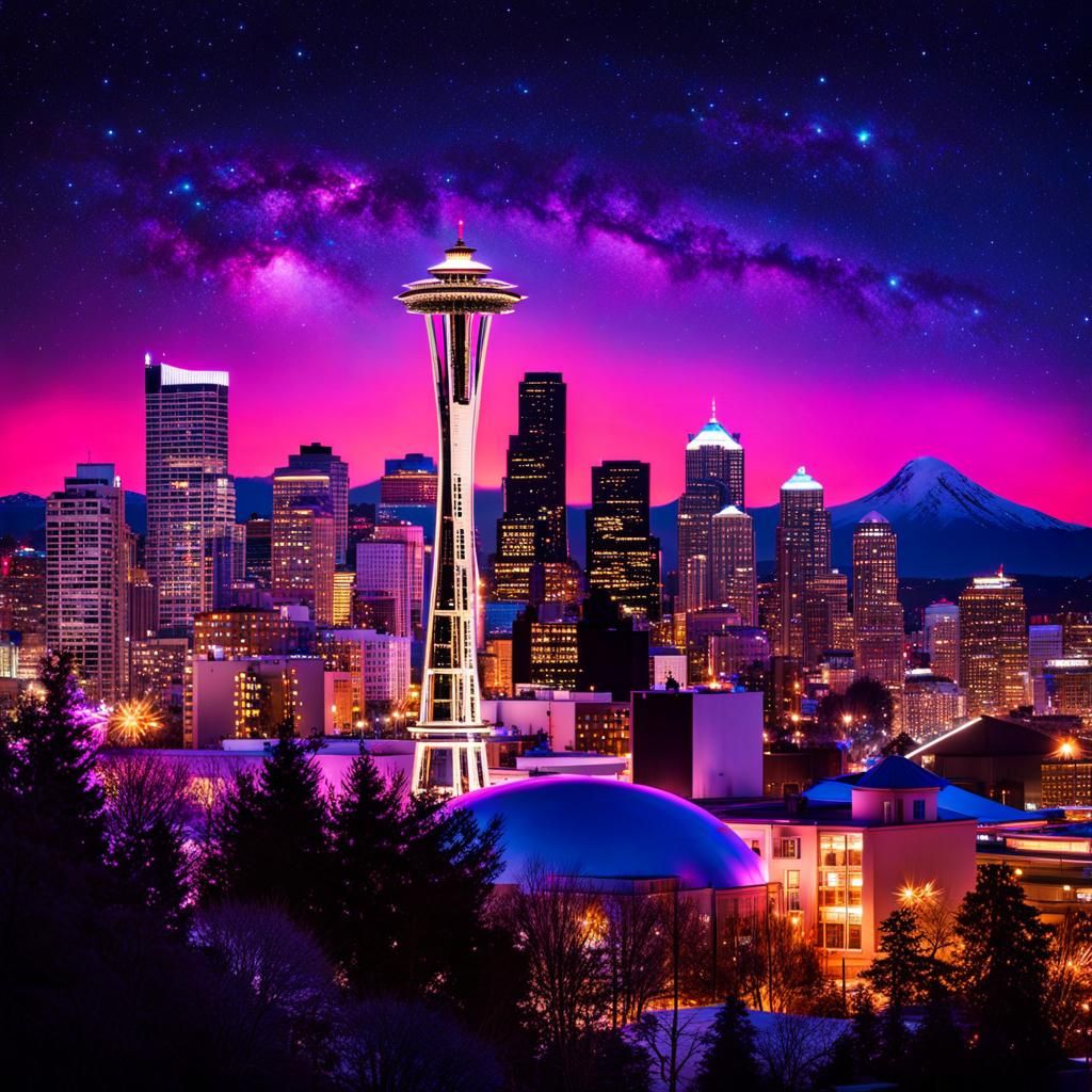 Seattle, night scene, brilliant, bold, bright, galaxy, cosmic, pink ...