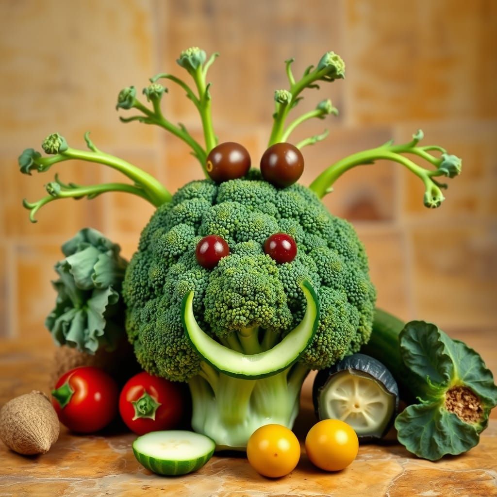 Suzi the broccoli - Whimsical Broccoli Portrait in Earthy Hu...
