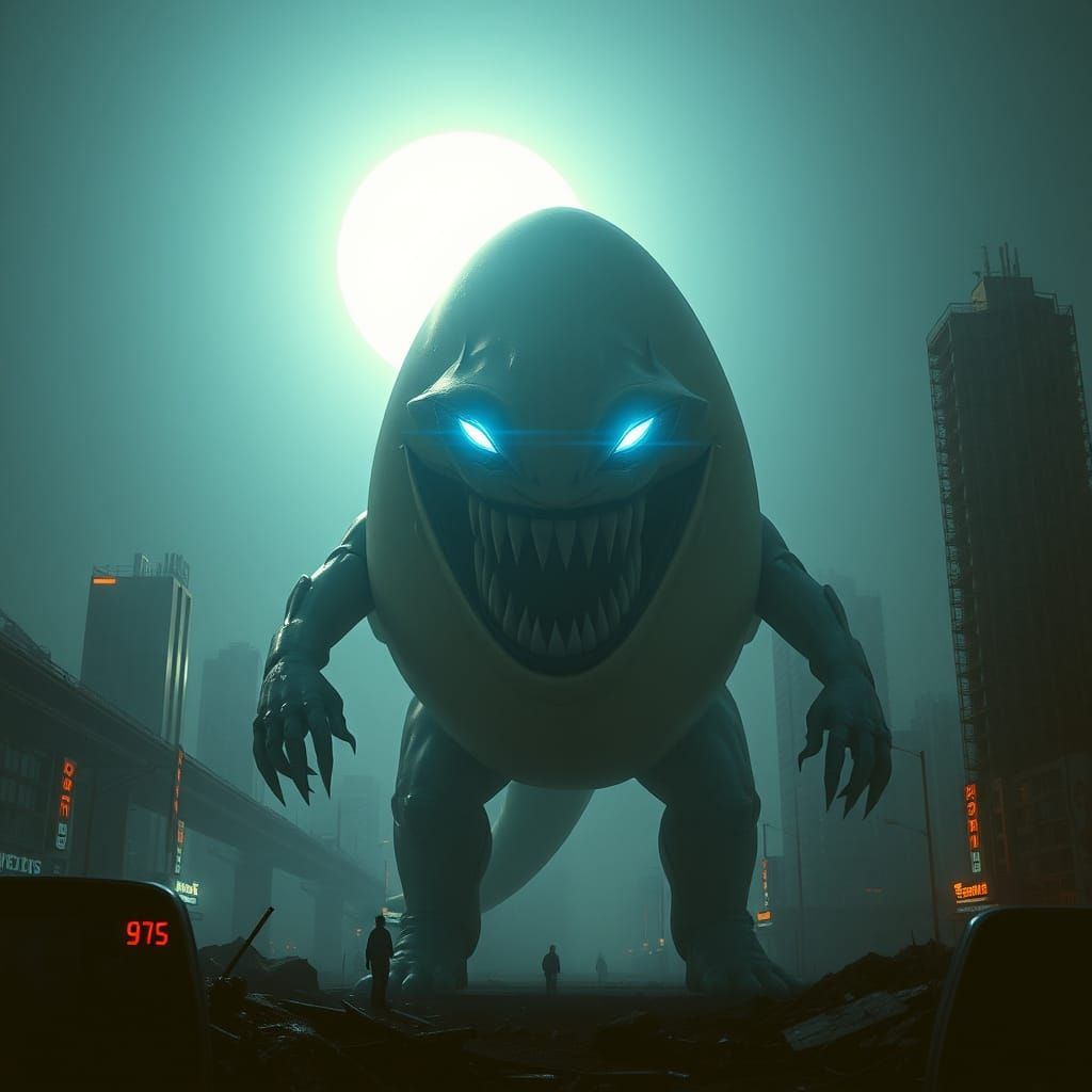 Egg-zilla - Cyberpunk Beast Awakens in Desolate Japanese Cit...