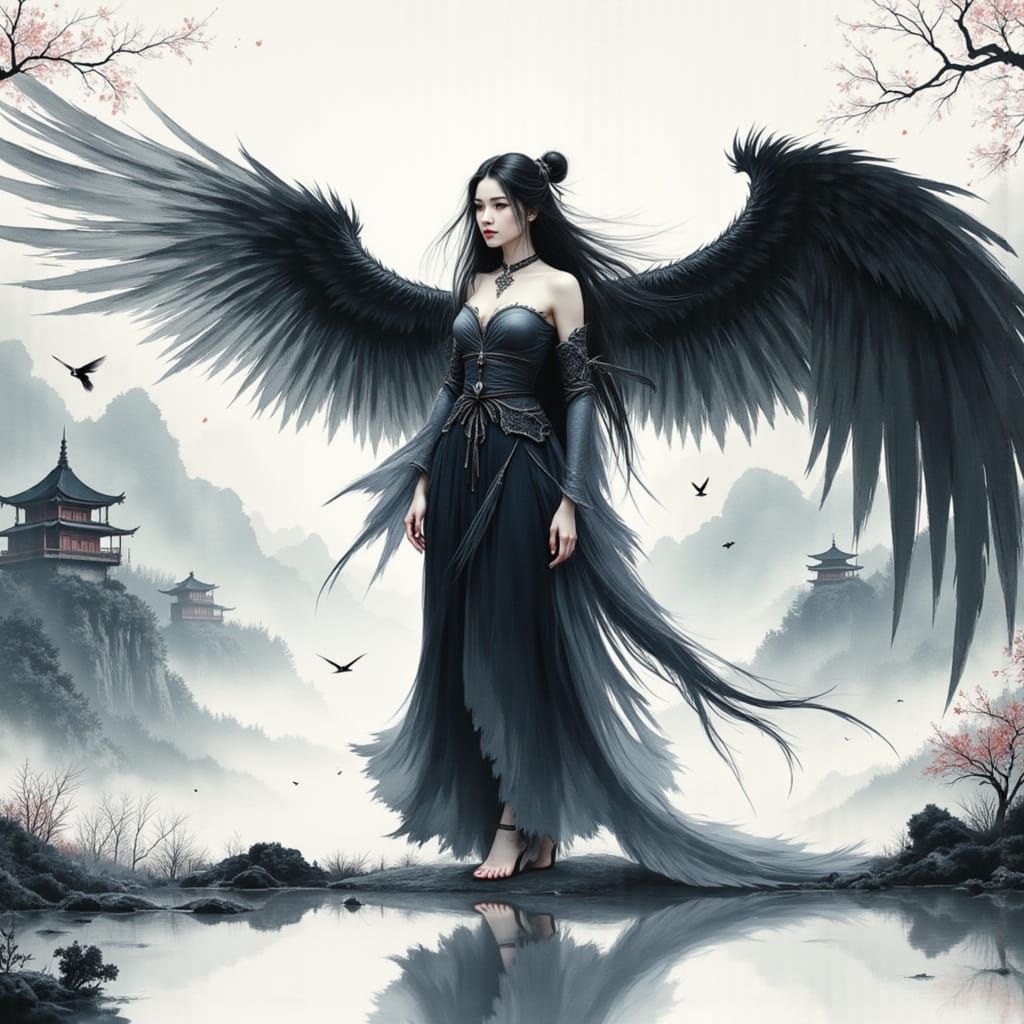 A Sumi-e Dark Angel... - Surreal Sumi-e Portrait of a Winged...