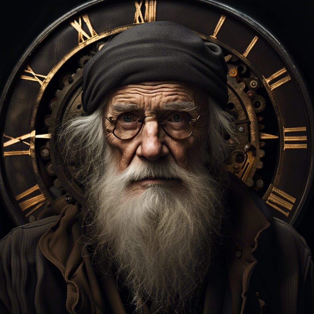 (a old hobo that is standing in front of a clock:1.5), digital art, by ...