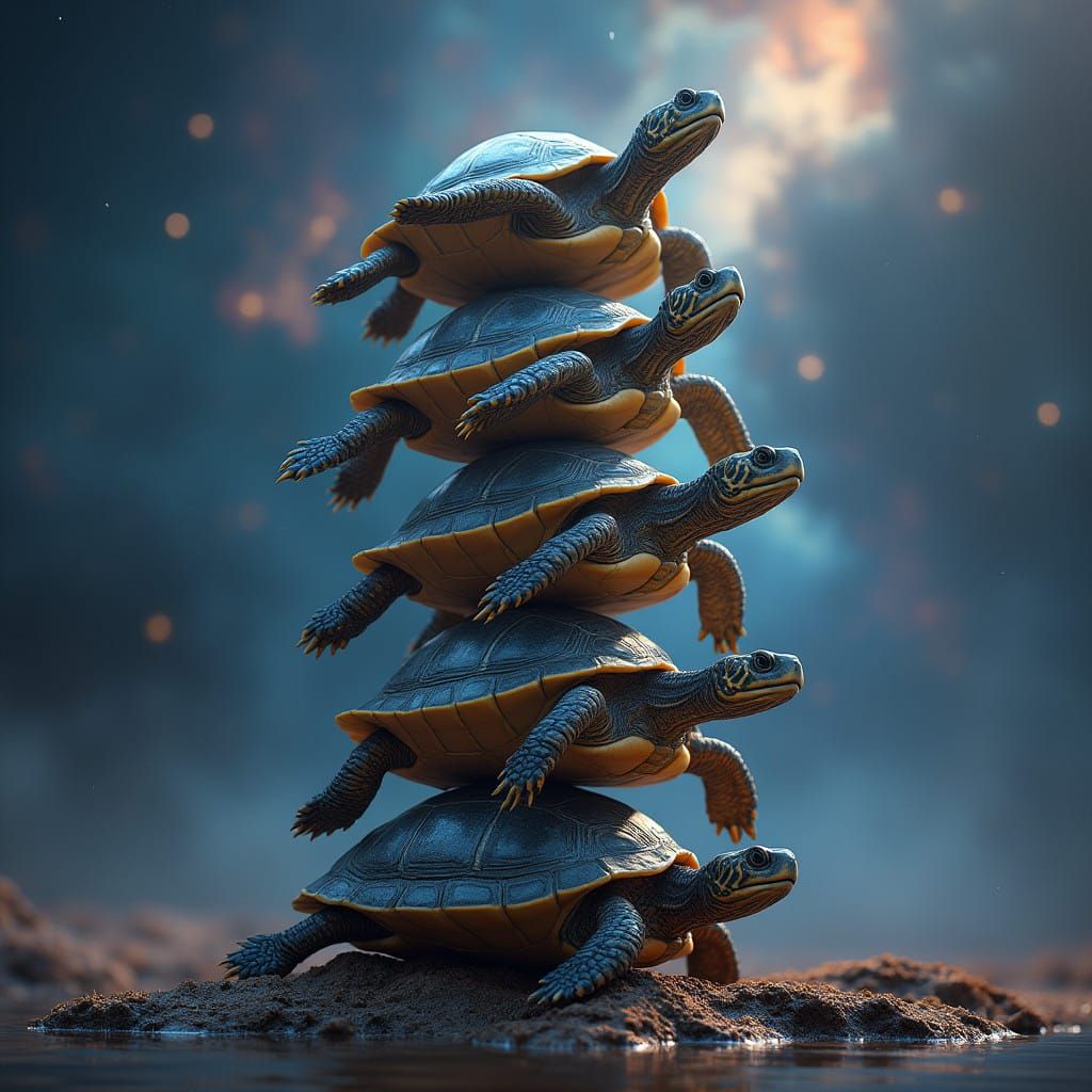 Towering Turtles Confront Celestial Nebula - AI Art
