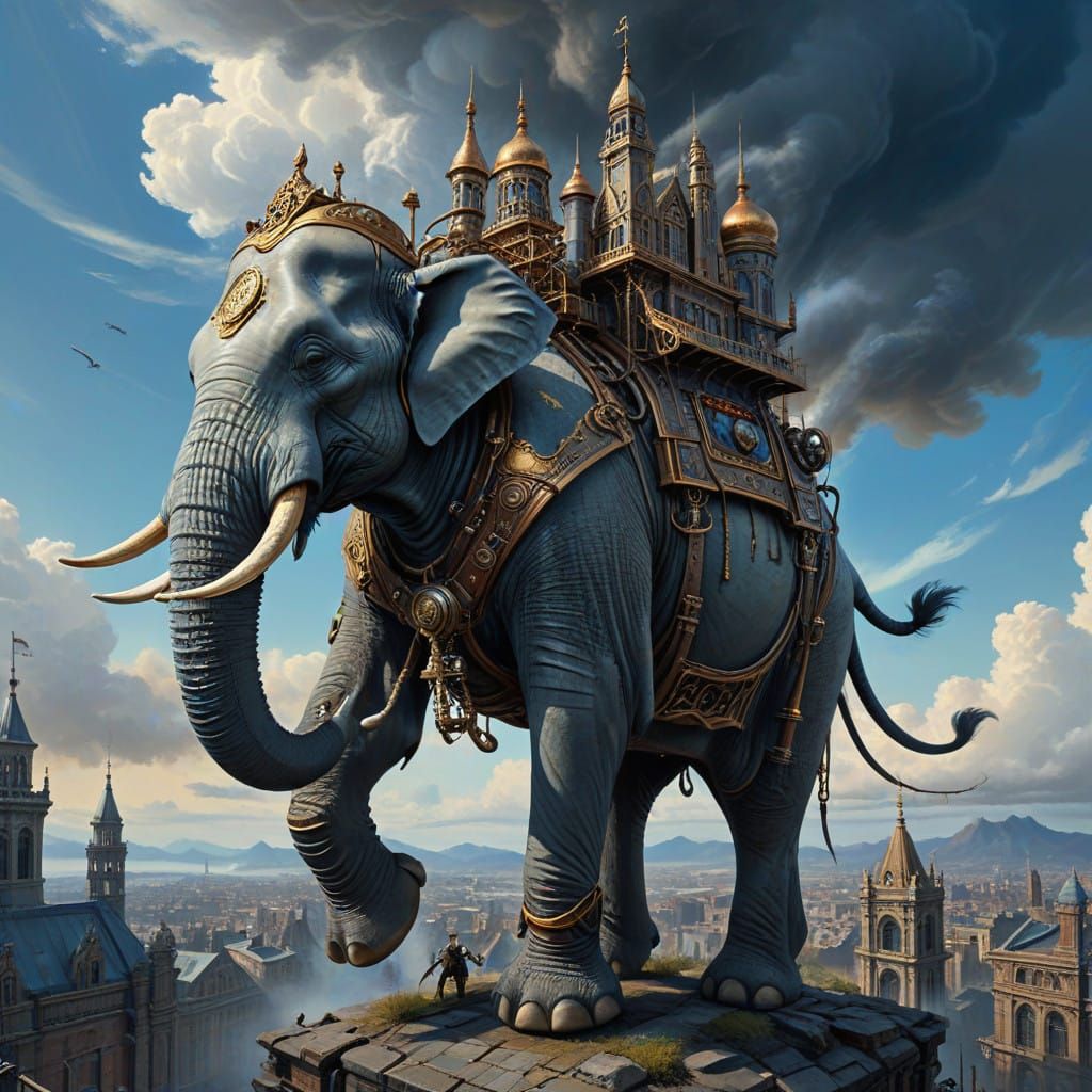 Surrealism. Realistic oil painting. An elephant with a city on its back ...