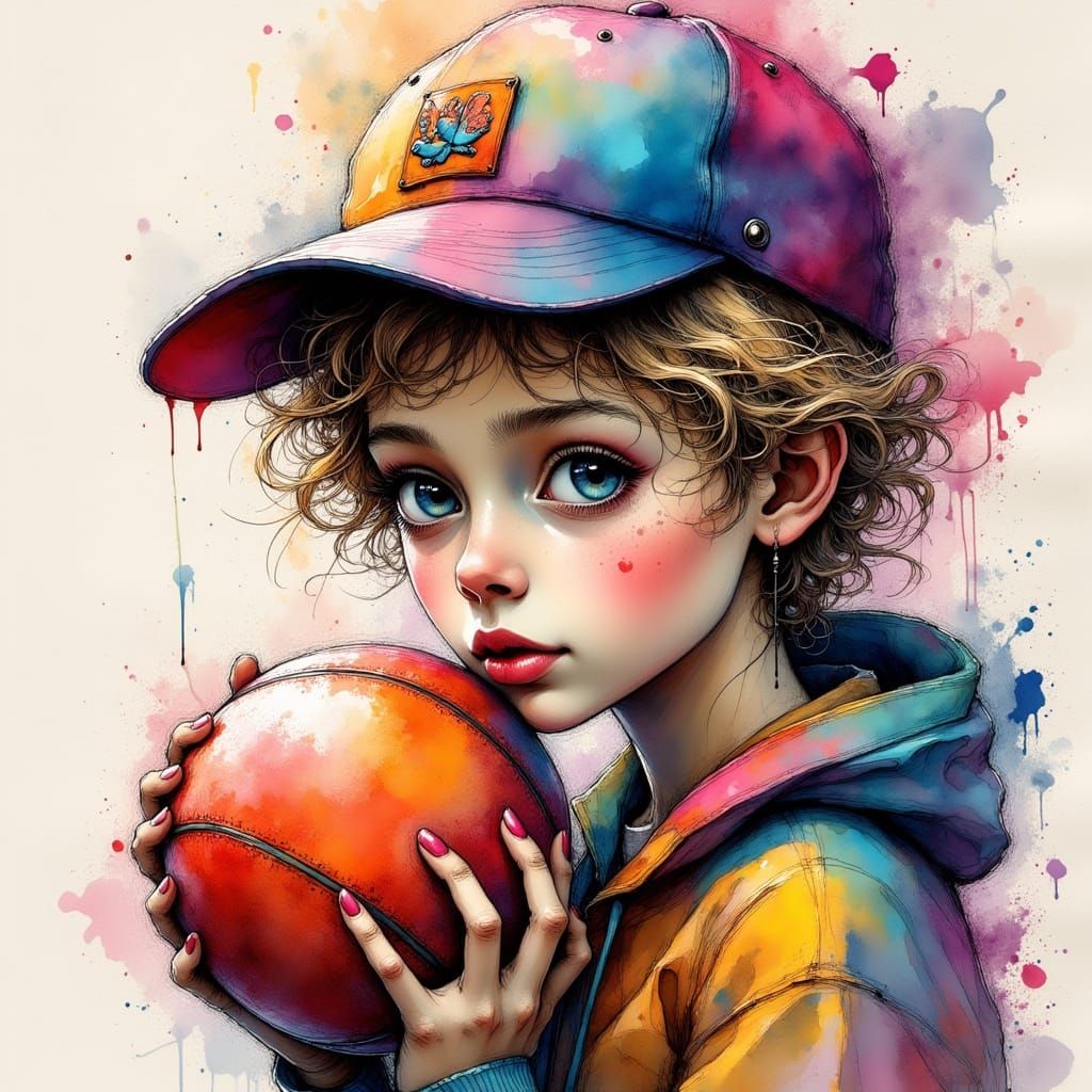 retrato en tinta - Vibrant Ink Portrait of a Youthful Athlet...