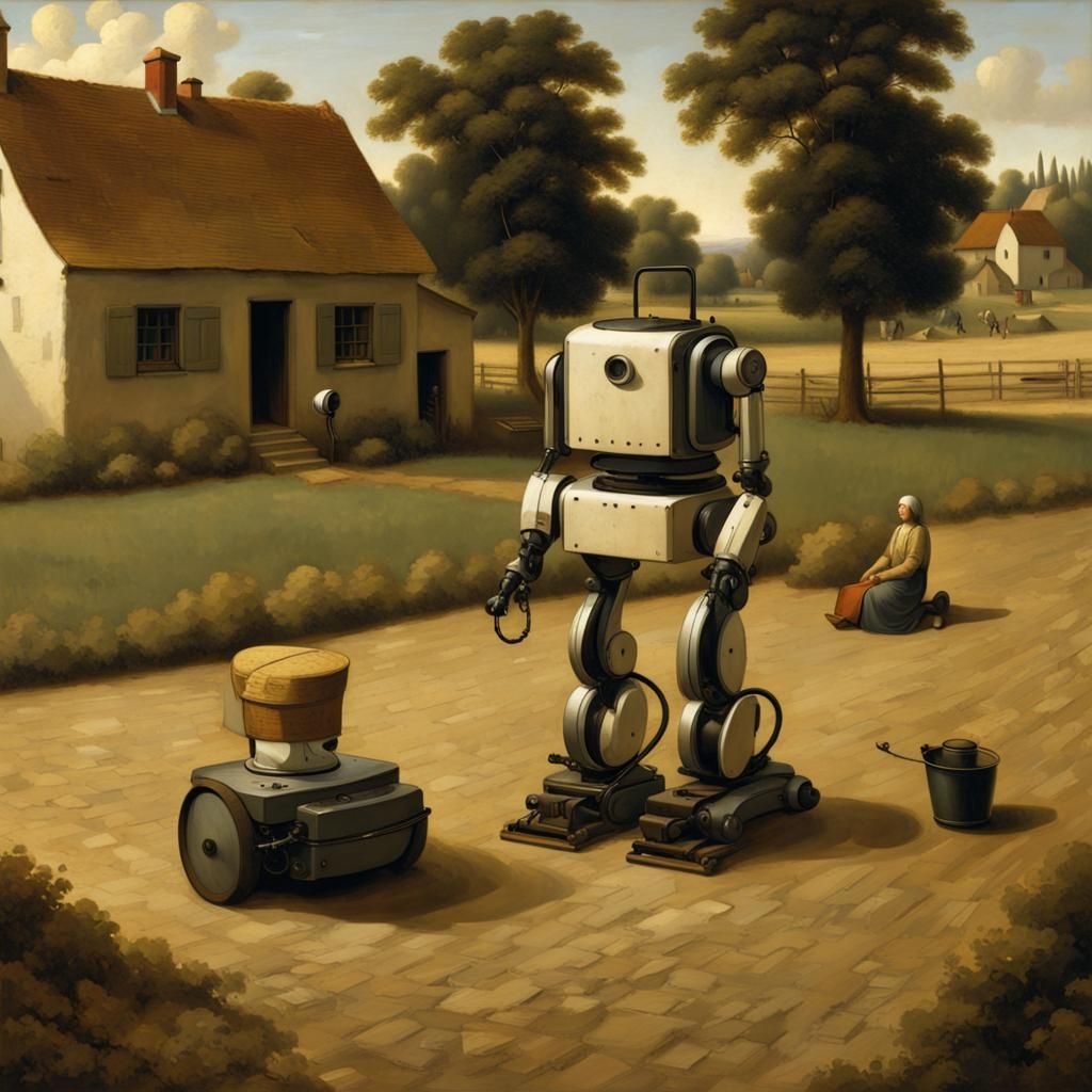 16k resolution, art by Johannes Vermeer, Grant Wood, mundane robotic ...