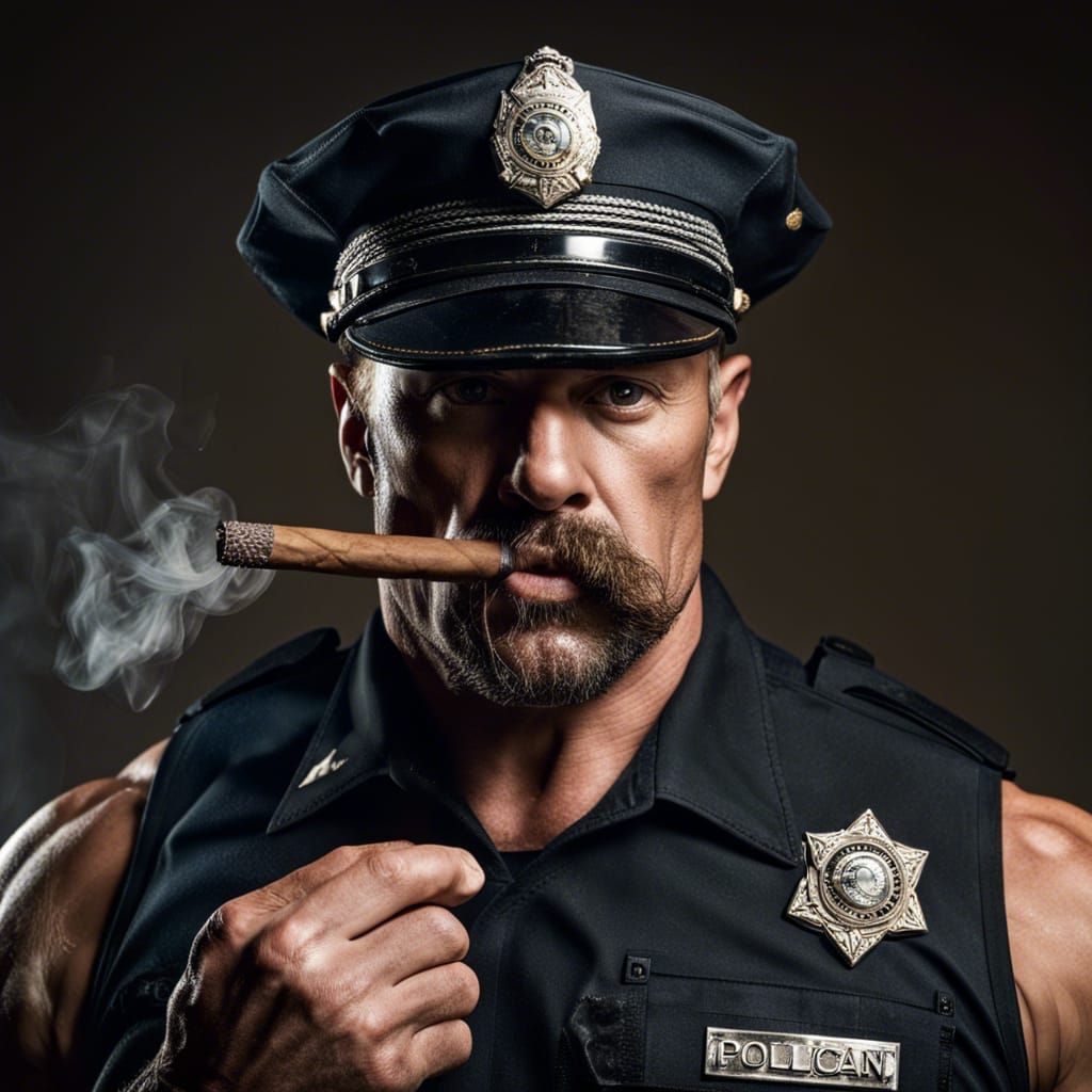 Very muscular policeman, bodybuilder, strong, wet skin, 40 years old ...