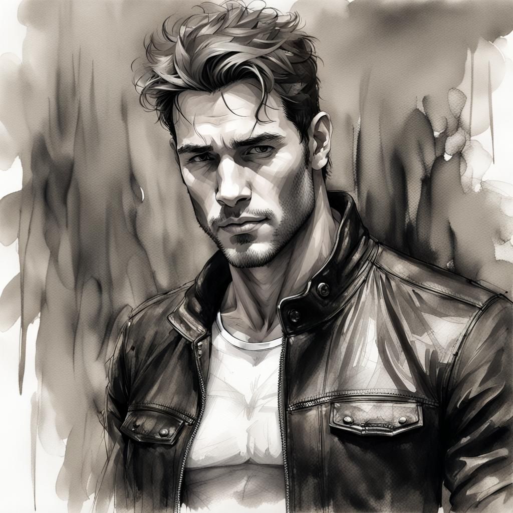 portrait, centered composition fineliner pen and ink wash sketch of ...