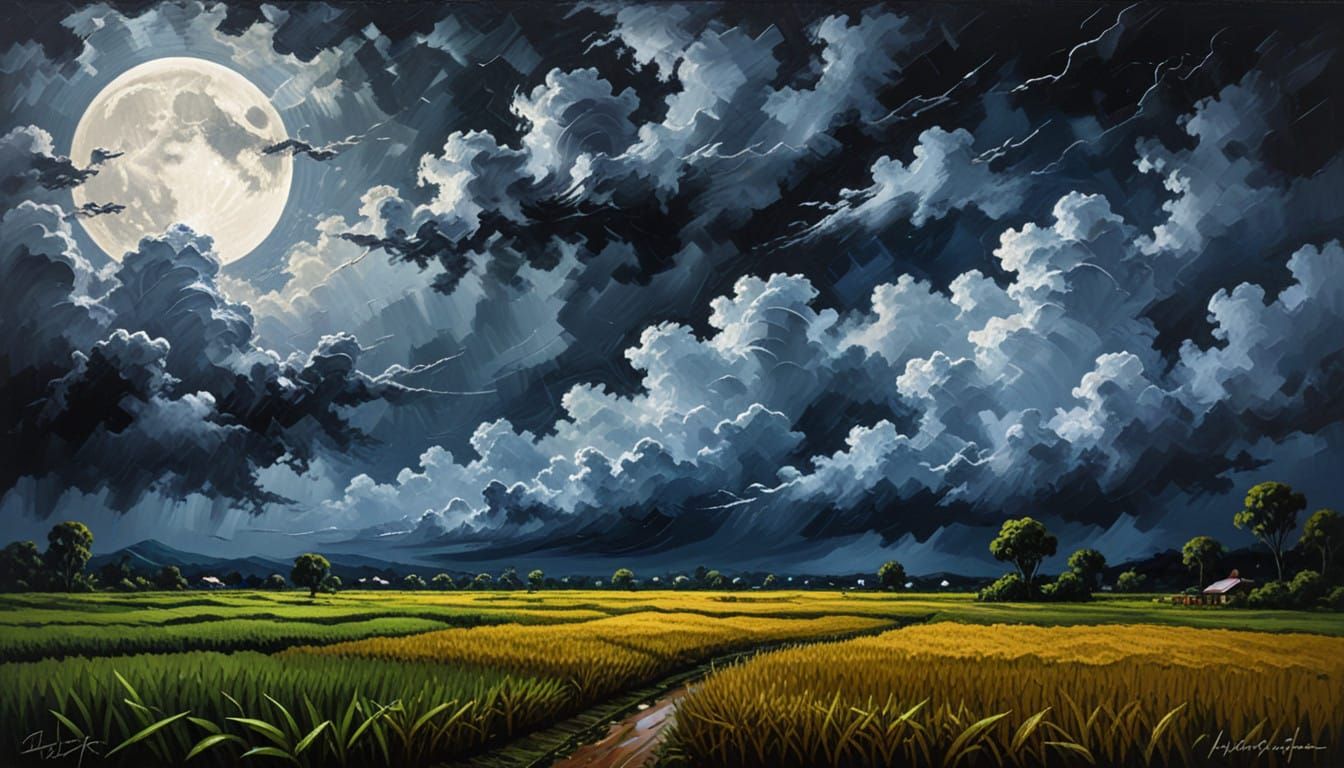 Rice fields on a stormy full moon night