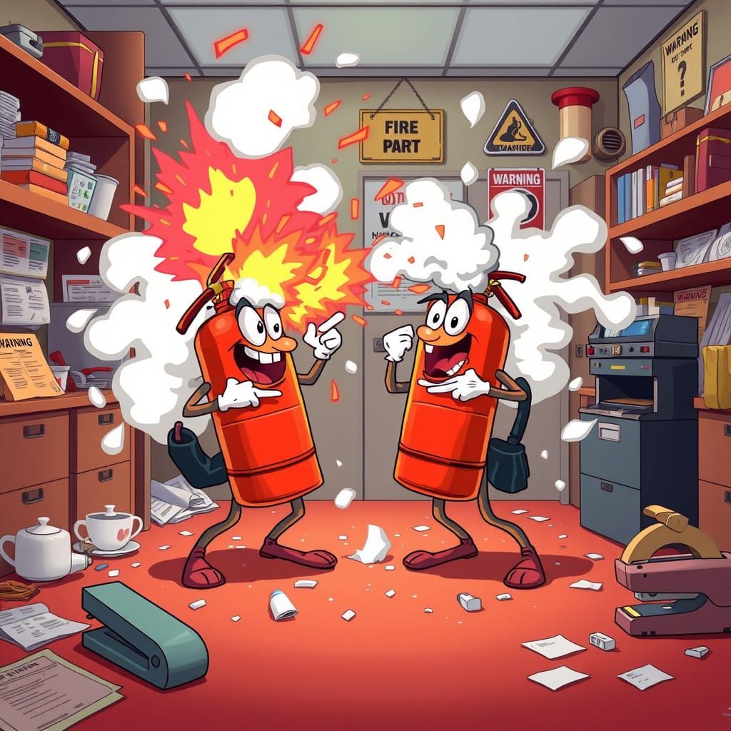 Playful Fire Extinguishers Clash in a Whimsical Br... - AI Art