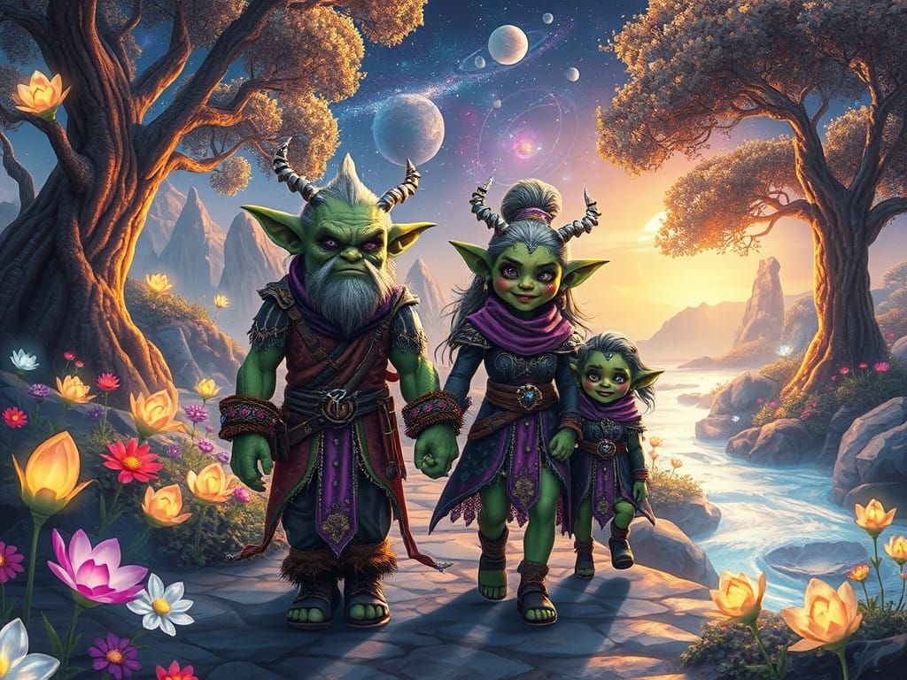 A Sci-fi Orc family strolling in the cosmic space garden