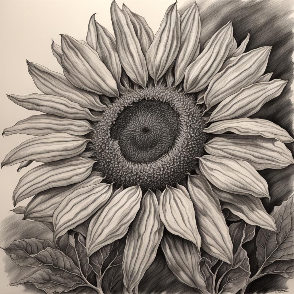 Botanical ink drawing Sunflower hyperdetailed charcoal drawing - AI ...