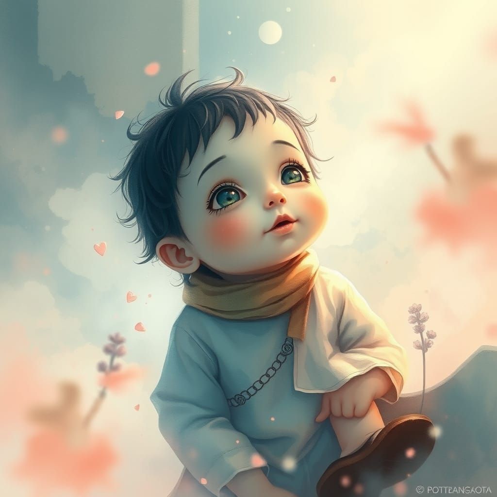 Kidcore, Liminal, Watercolor - Whimsical Kid in Dreamy Water...