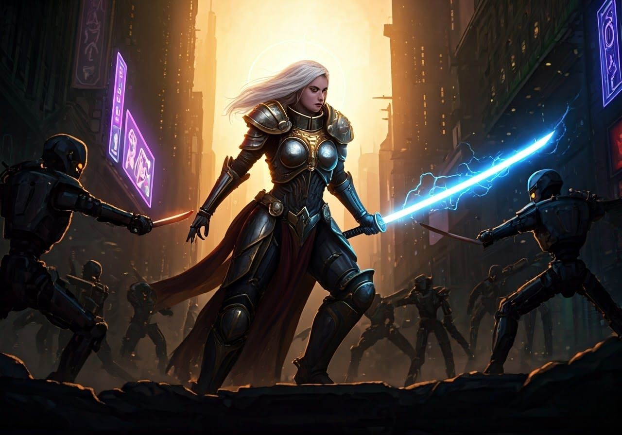 A high-energy battle scene unfolds in a cyberpunk metropolis, where an Aasimar-woman paladin in ...