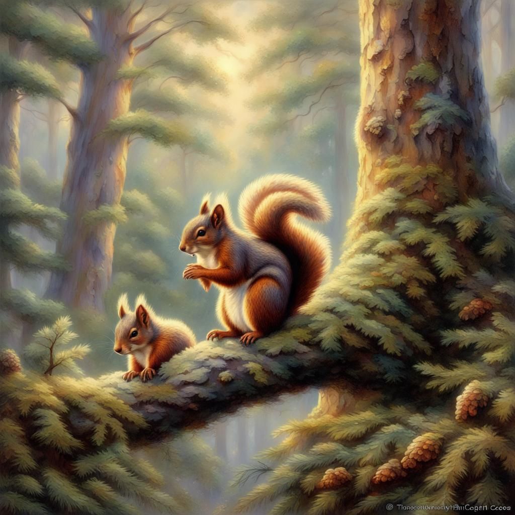 two cute squirrels in the forest under a canopy of pine trees ethereal ...