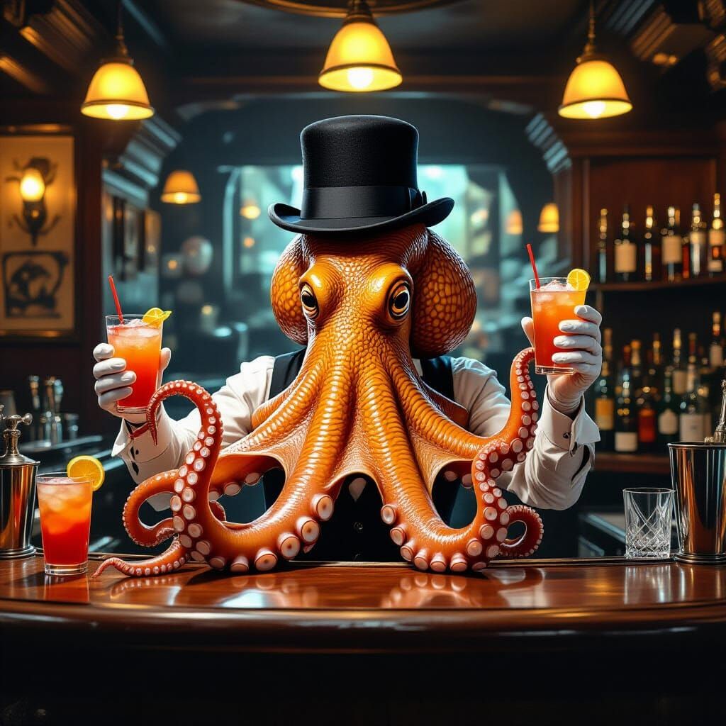 Octopus Bartender in Surreal Speakeasy Scene - AI Art