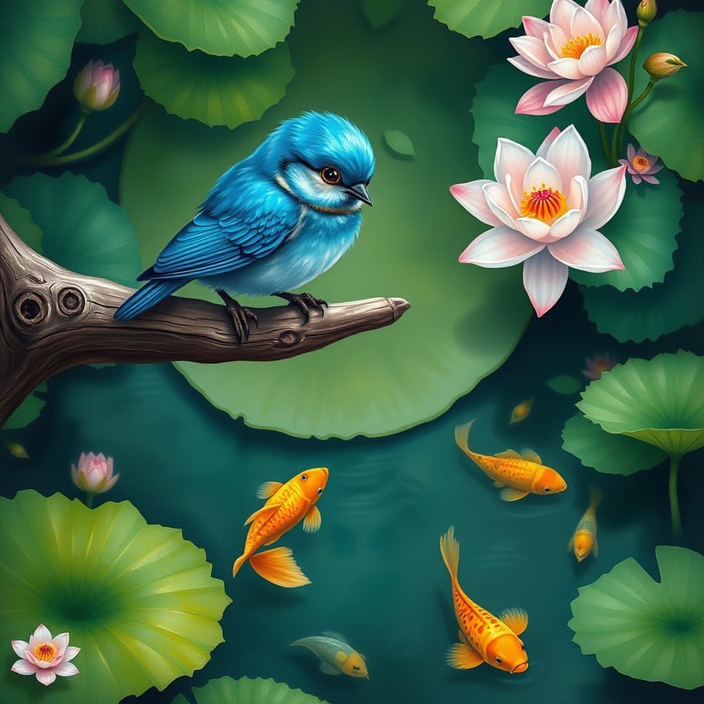 A bluebird stalking a koi pond - Whimsical Bluebird Observes...