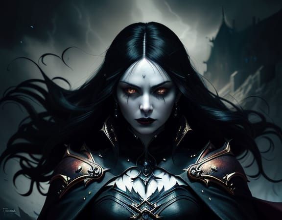 lightning full body showing A dark gothic lady vampire with fangs and a ...