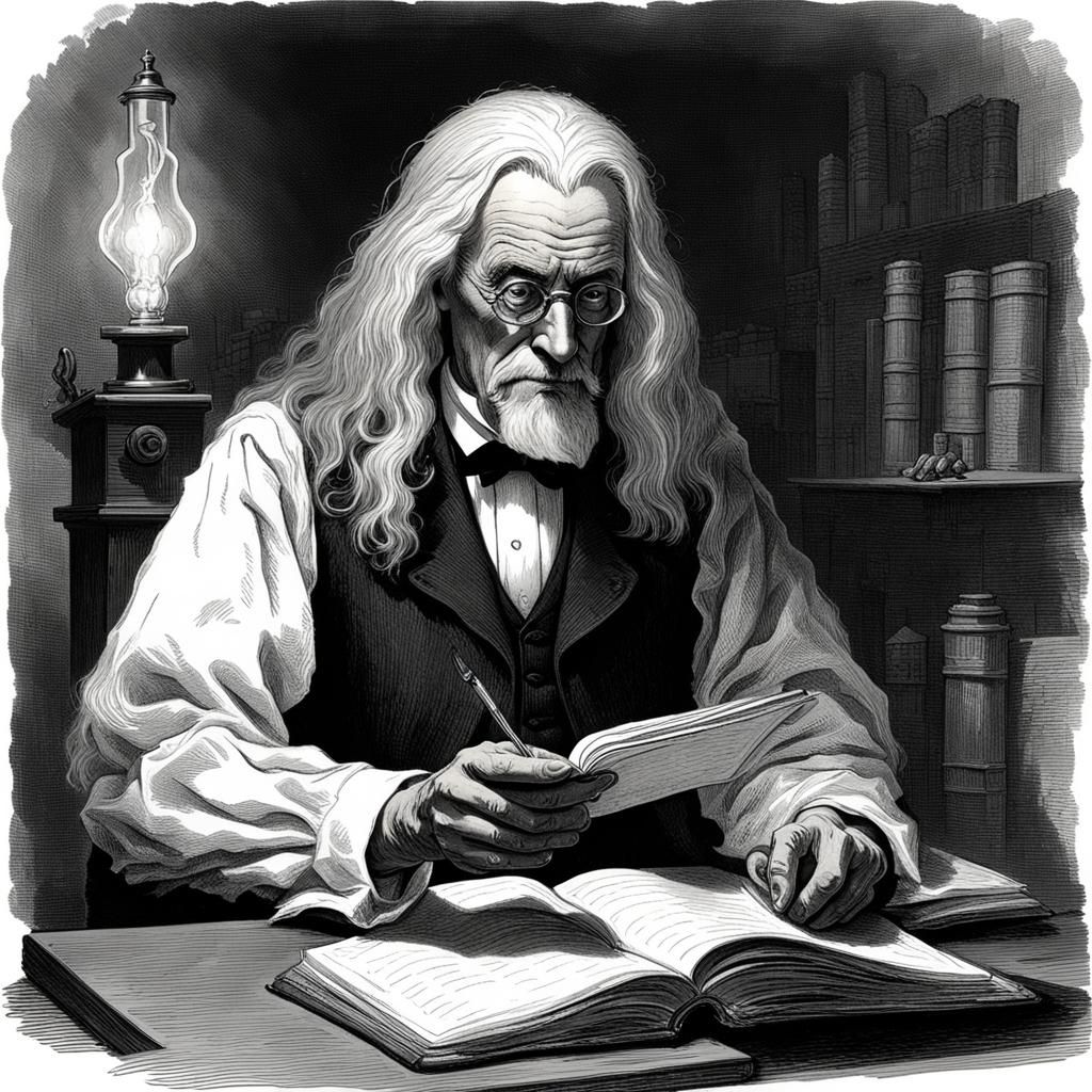 1930's asylum doctor with spectacles and long white hair. Hold notebook ...
