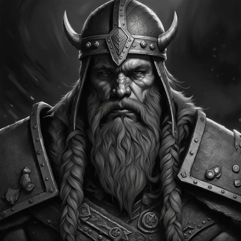 Dark, Portrait, warrior chief, viking, scar, beard. Black and white ...