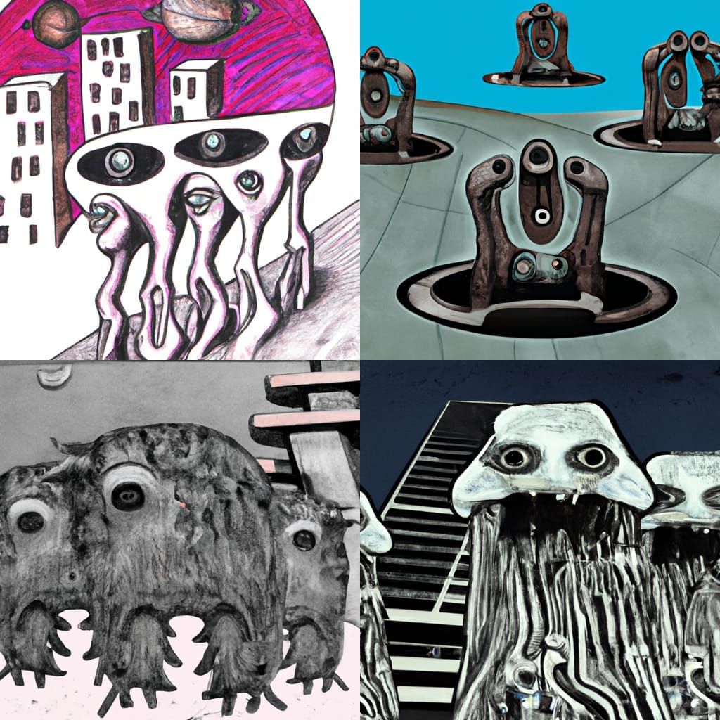 " Brutalist UFOs", Howling Painted Apes, reversed perspective, Hairy ...