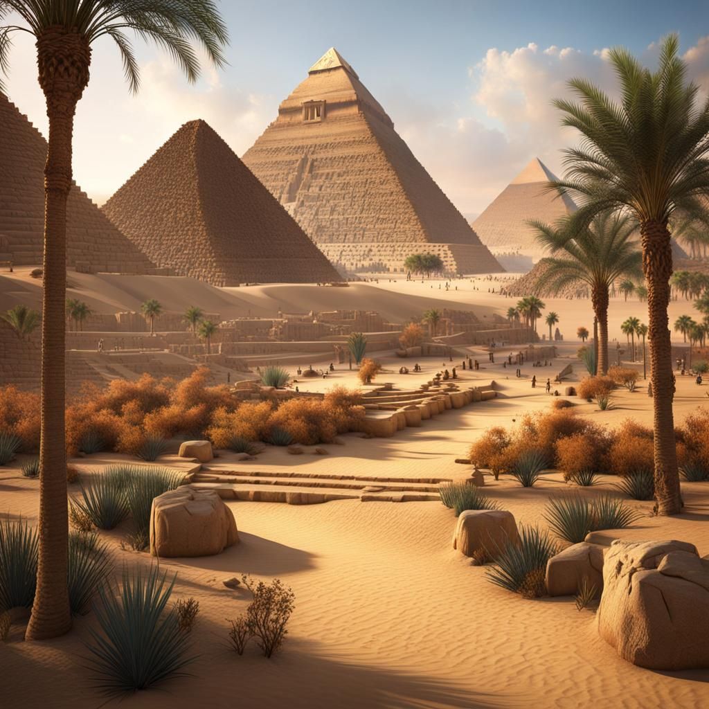 imagine a pedestrian park in the desert near the pyramids of giza where ...