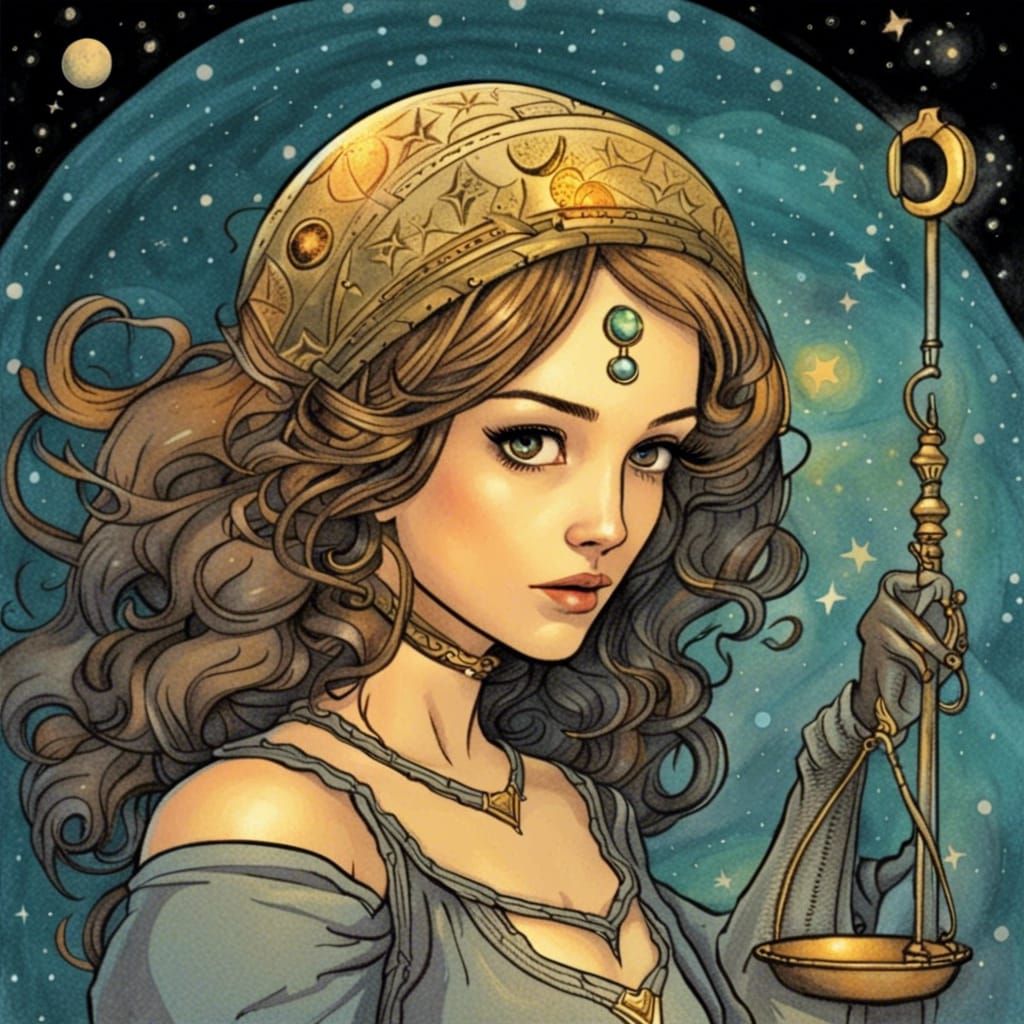 Zodiac Libra, beautiful girl, storybook illustration, underground comix ...