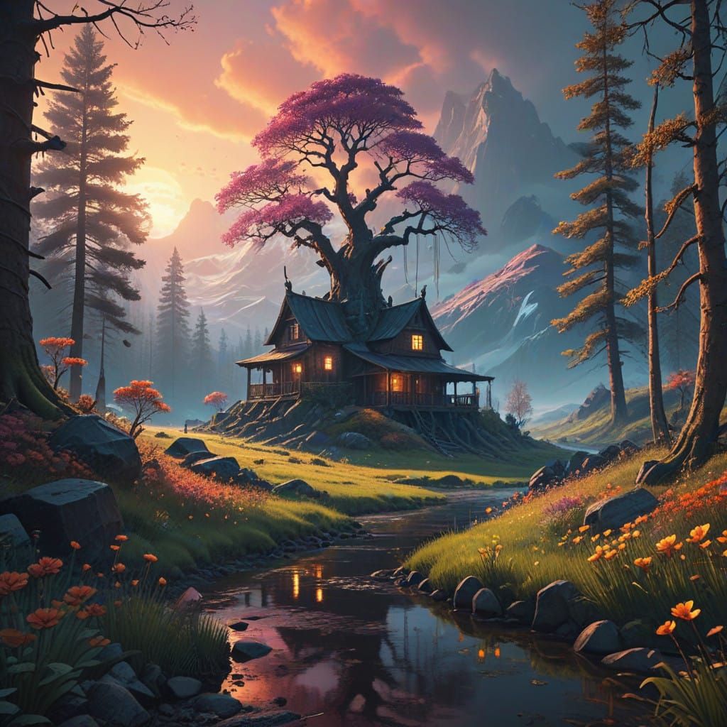 Whimsical Spring Sunset in Dreamcore Digital Water... - AI Art