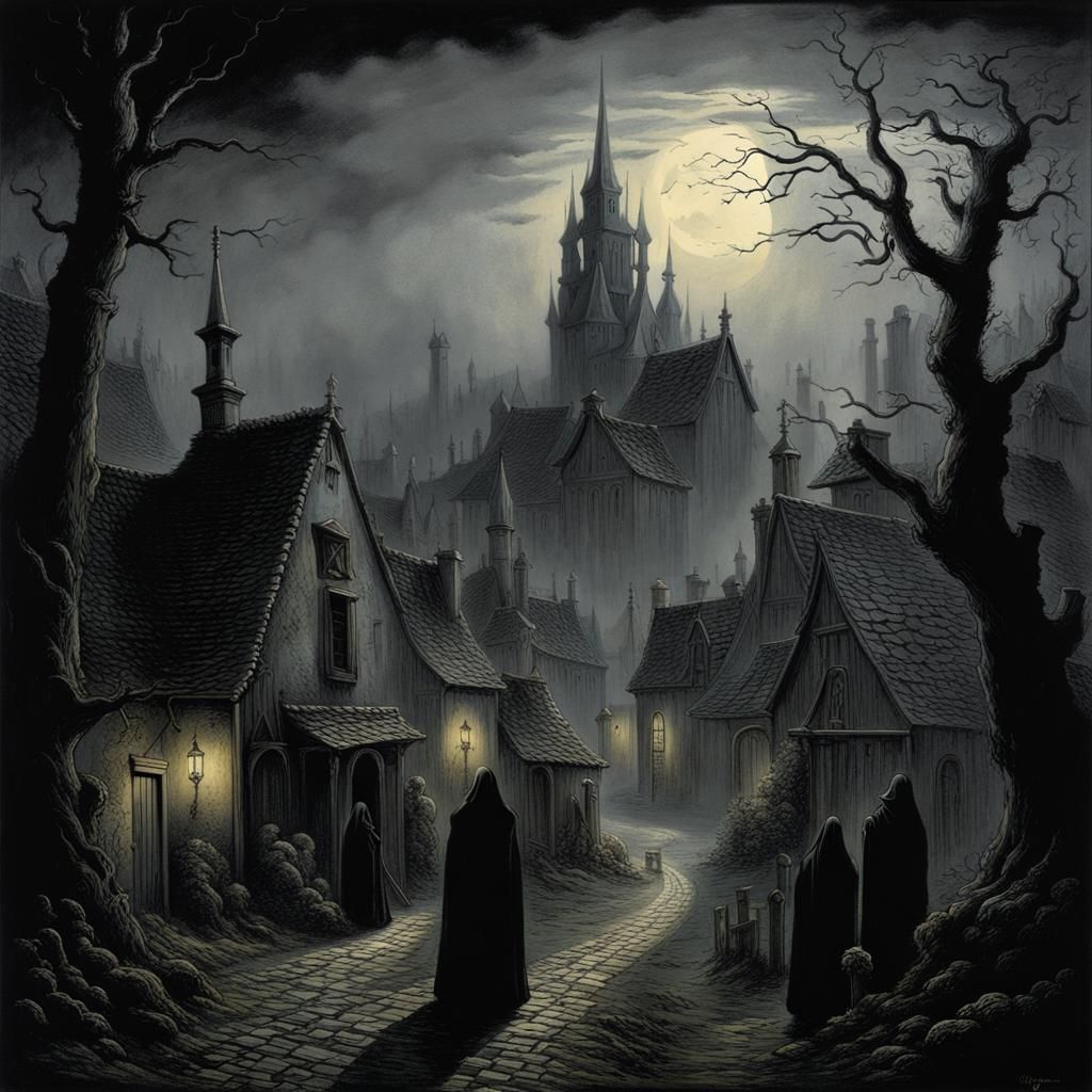 A European village shrouded in mist, with creaking buildings and ...