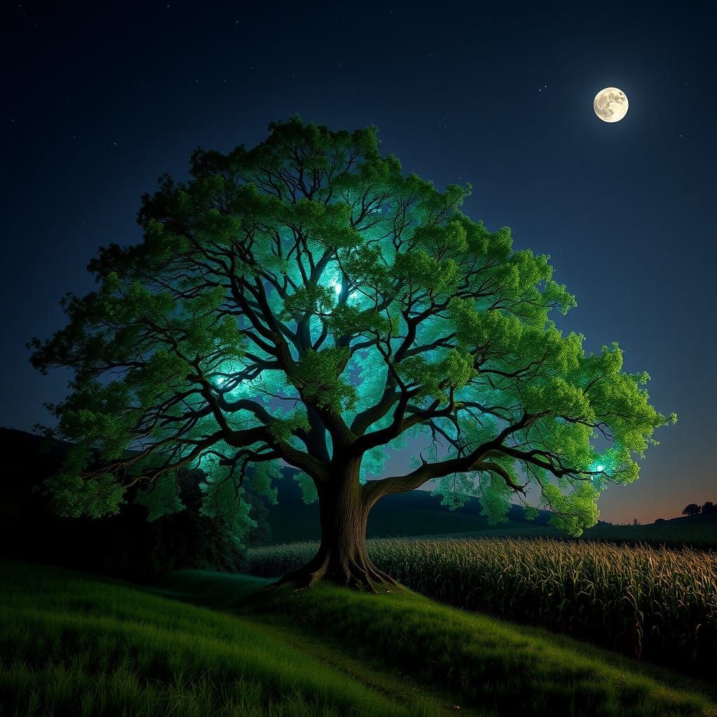 Tree Hill. A Myst - Ancient Tree Illuminated Under Midnight ...