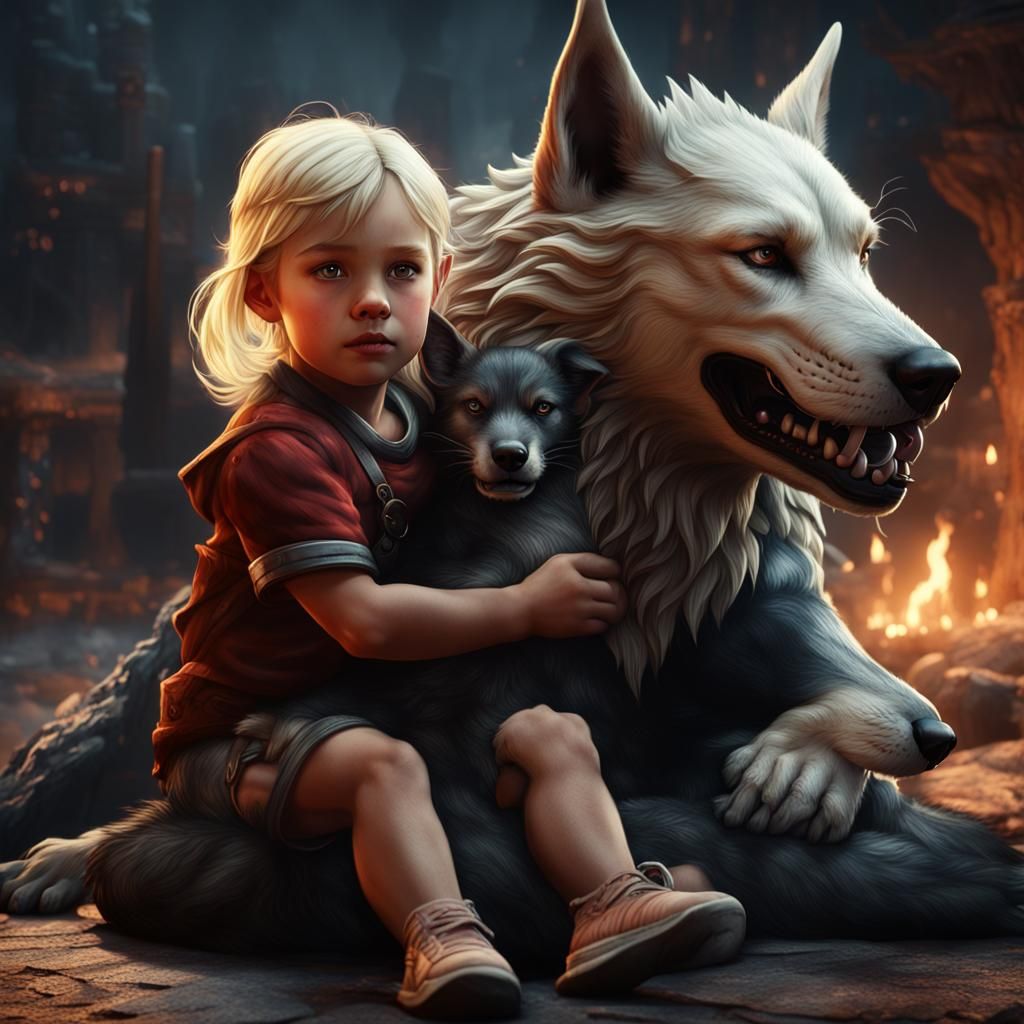 Beautiful Blonde toddler girl cuddling with hellhound Fenrir - AI Generated Artwork - NightCafe ...