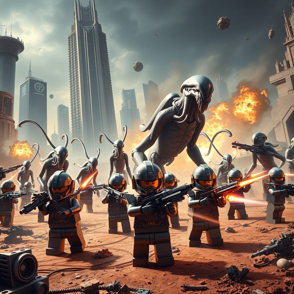 Lego Soldiers Battle Alien Army in Ruined Cityscap... - AI Art