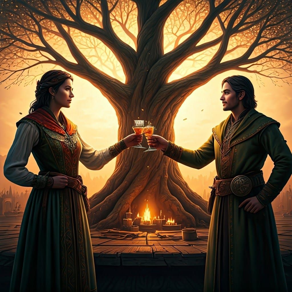 Wassailing revellers toasting an apple tree head a... - AI Art
