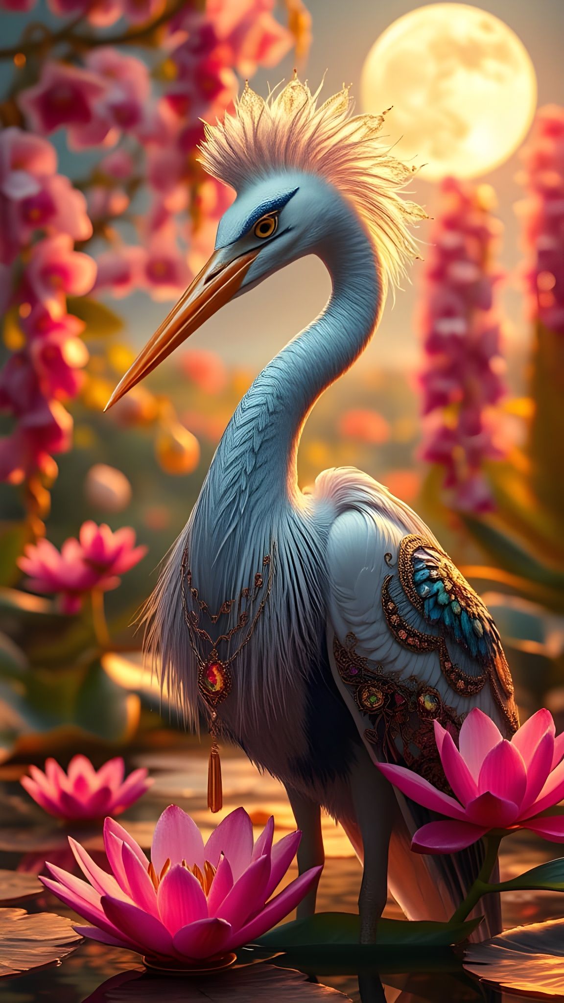 Her(on) grace - Regal Heron in Paradise, Hyperrealistic Moon...