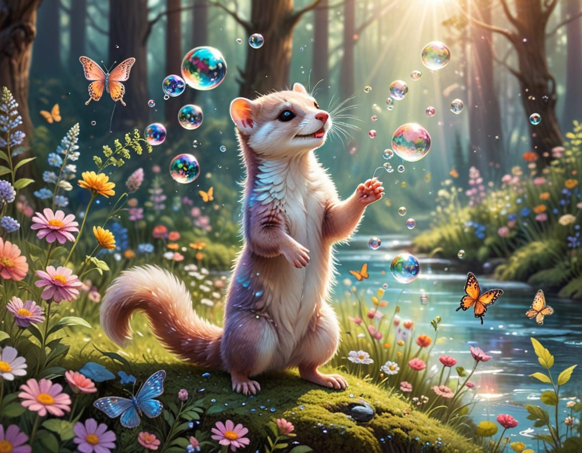 Happy Weasel Blowing Rainbow Bubbles in Dreamy For... - AI Art