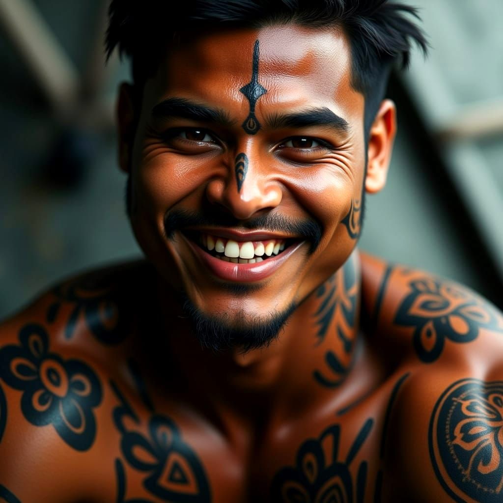 Hyperrealistic Portrait of a Smiling Samoan Warrio... - AI Art