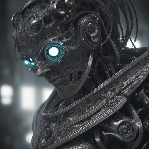 robot high contrast intricate strange circuitry sentience THINKING ...