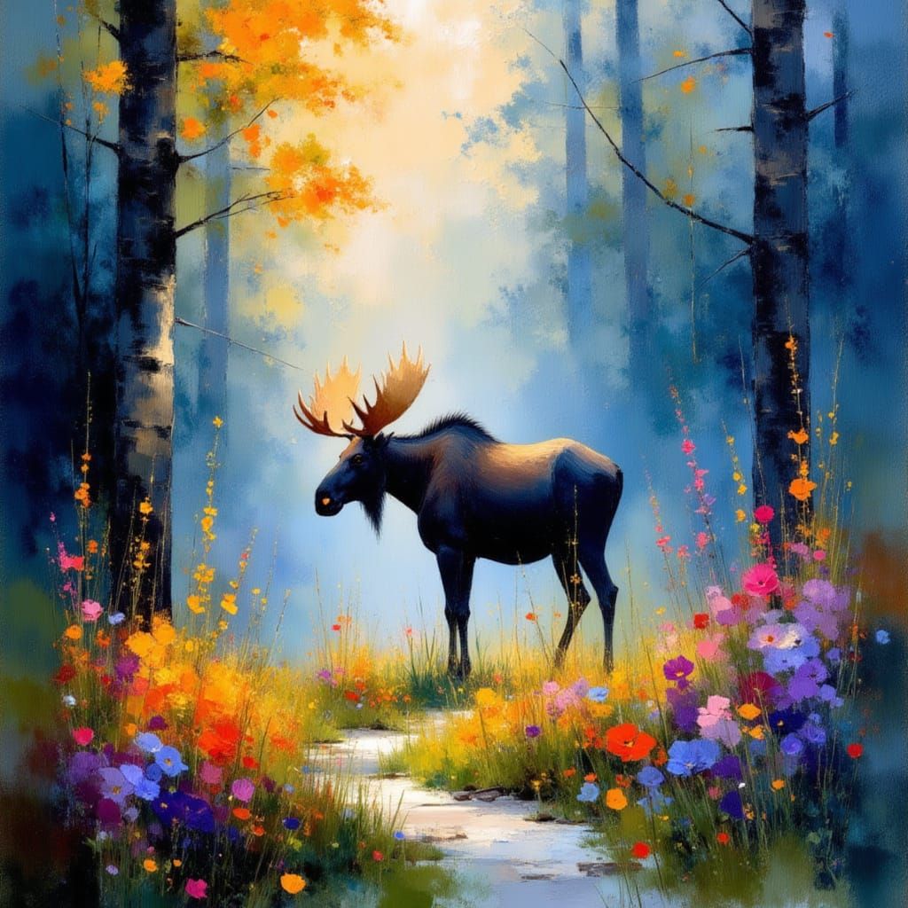 A moose in a colorful evening forest
