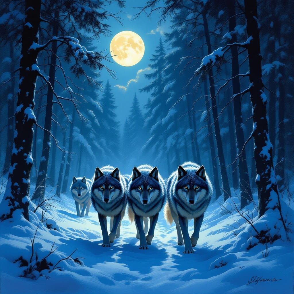 Moonlit Wolves Stroll through Enchanted Forest - AI Art