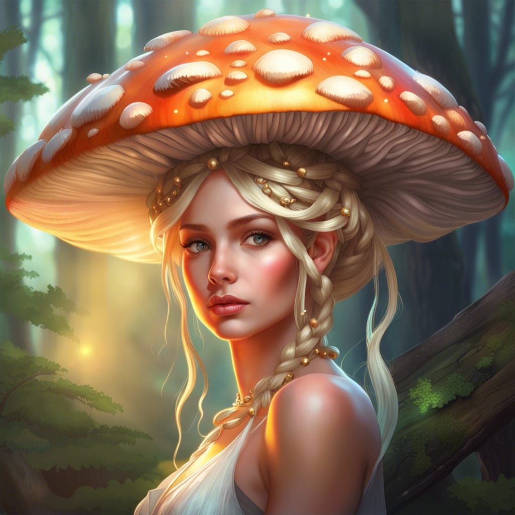 Mushroom fairy lady, bright braided hair, forest, light beams, beauty ...
