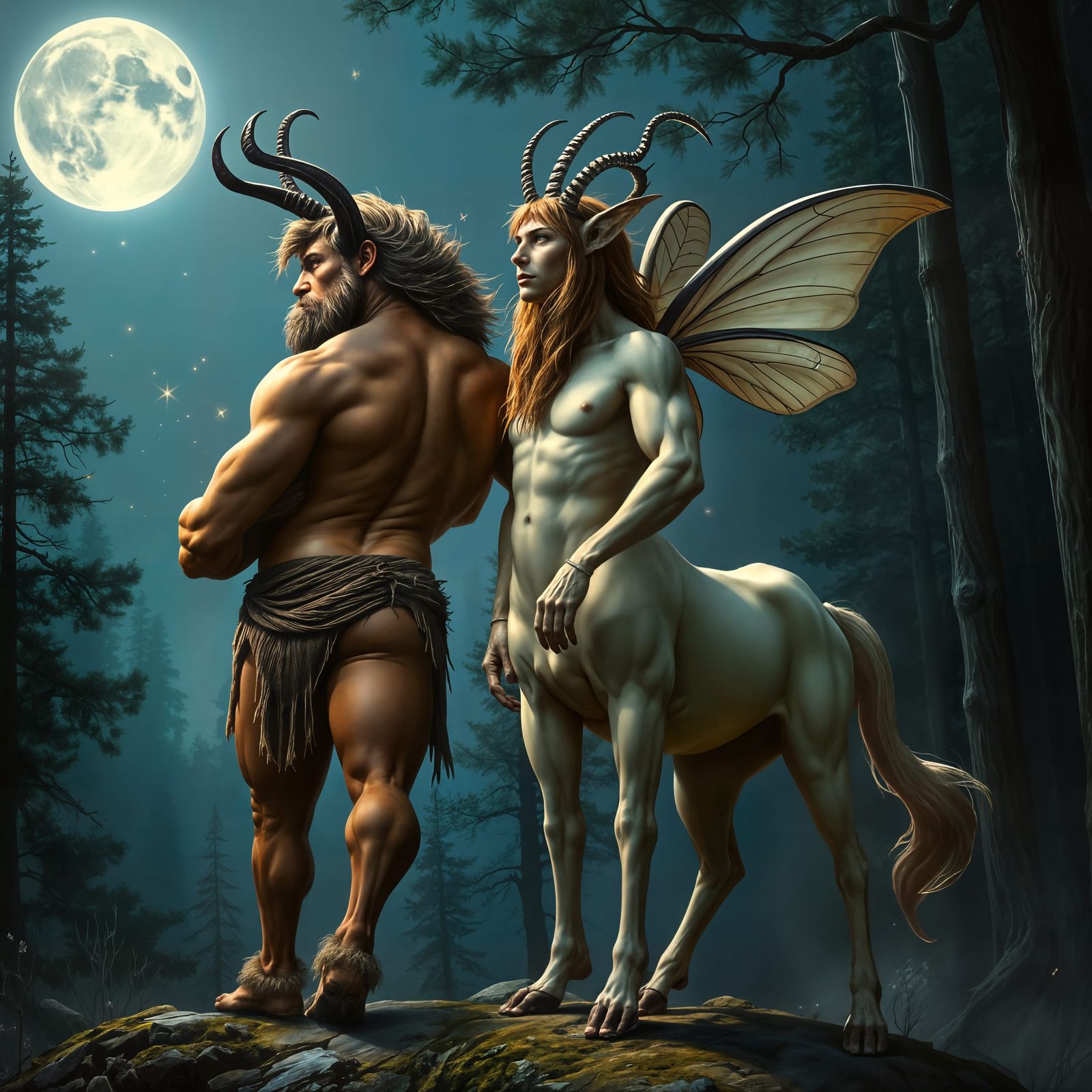 Two beefcake centaurs, one with the upper body of a human and the other with the upper body of a ...