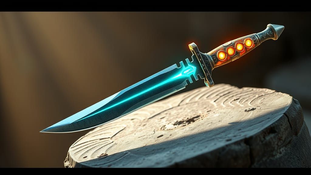 Glowing Dagger on Ancient Stone Plinth in Hyper-Re... - AI Art