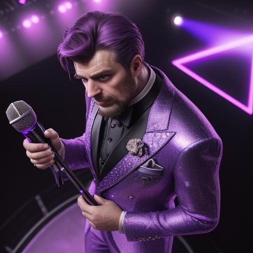 a ugly man in a gaudy shiny purple suit standing at a microphone on a ...