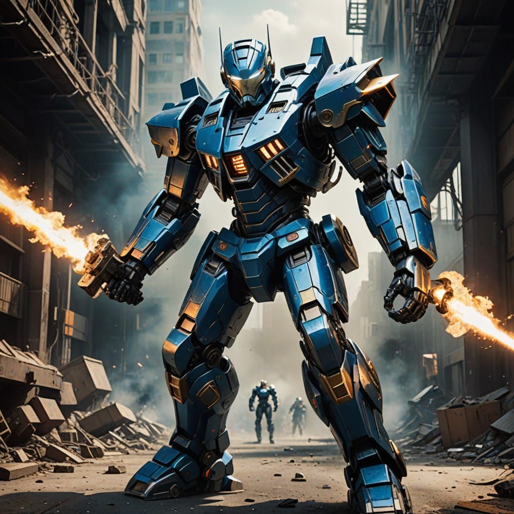 Cyberpunk Robot Suit in Powerful Stance - AI Art